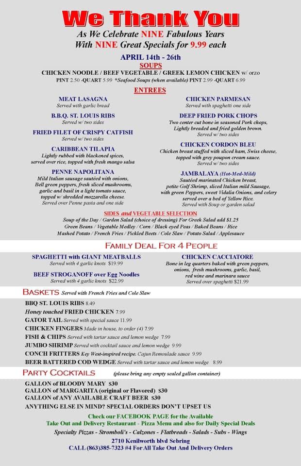Menu at Dimitri's Restaurant, Pizza Kitchen and Its 5 O'clock Somewhere ...
