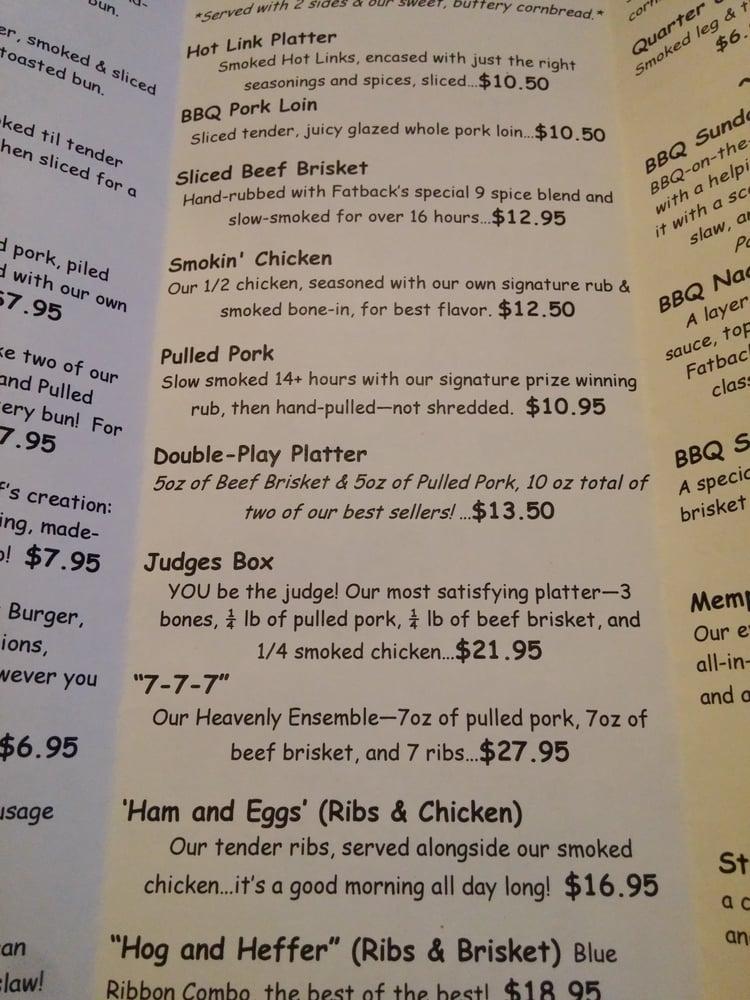 Menu at Fatbacks BBQ, Quincy