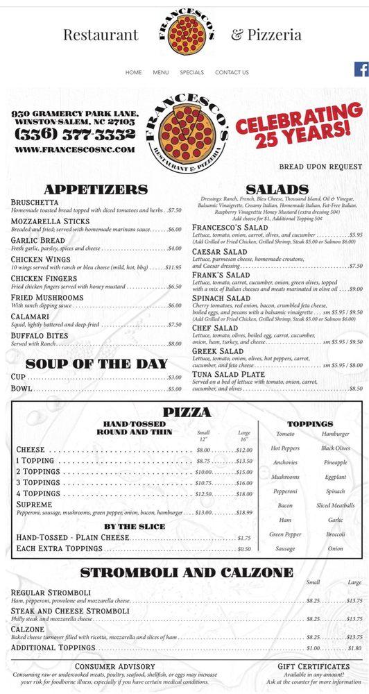 Menu at Francesco's Pizza Italian pizzeria, Winston-Salem, 930 Gramercy ...