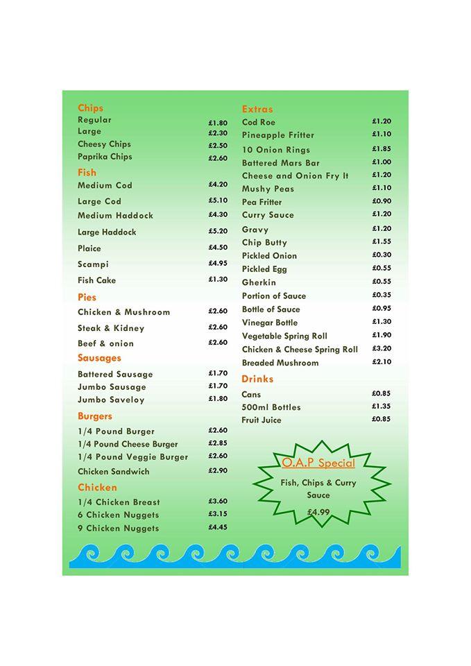 Menu at Jade Plaice fast food, Waterlooville