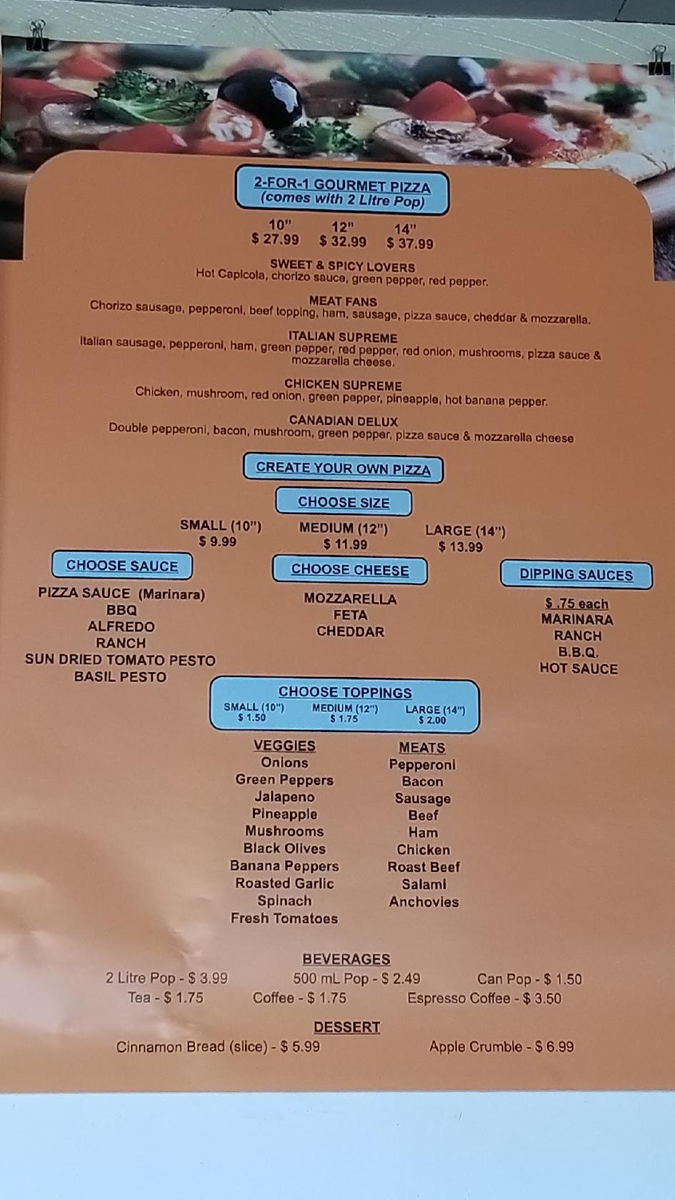 Menu at Papa Don's restaurant, Pouce Coupe