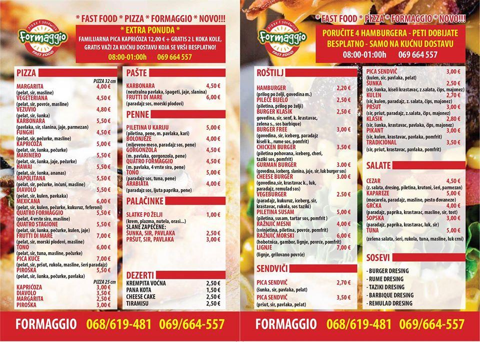 Menu at Pizza Formaggio pizzeria, Herceg Novi