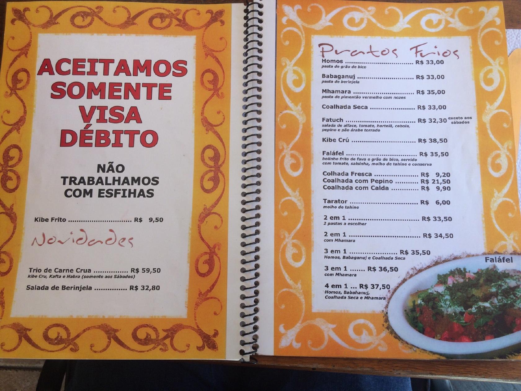 Menu em Tenda do Nilo restaurante, São Paulo, Rua Coronel Oscar Porto