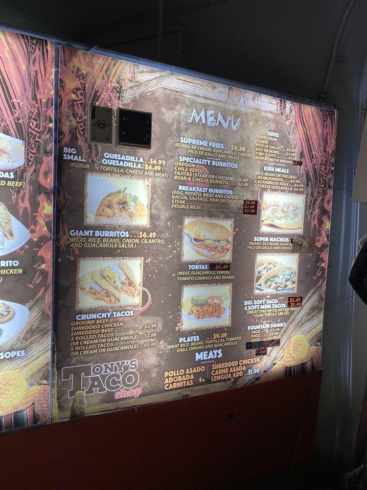 Menu at Tony's Taco Shop restaurant, Lebanon