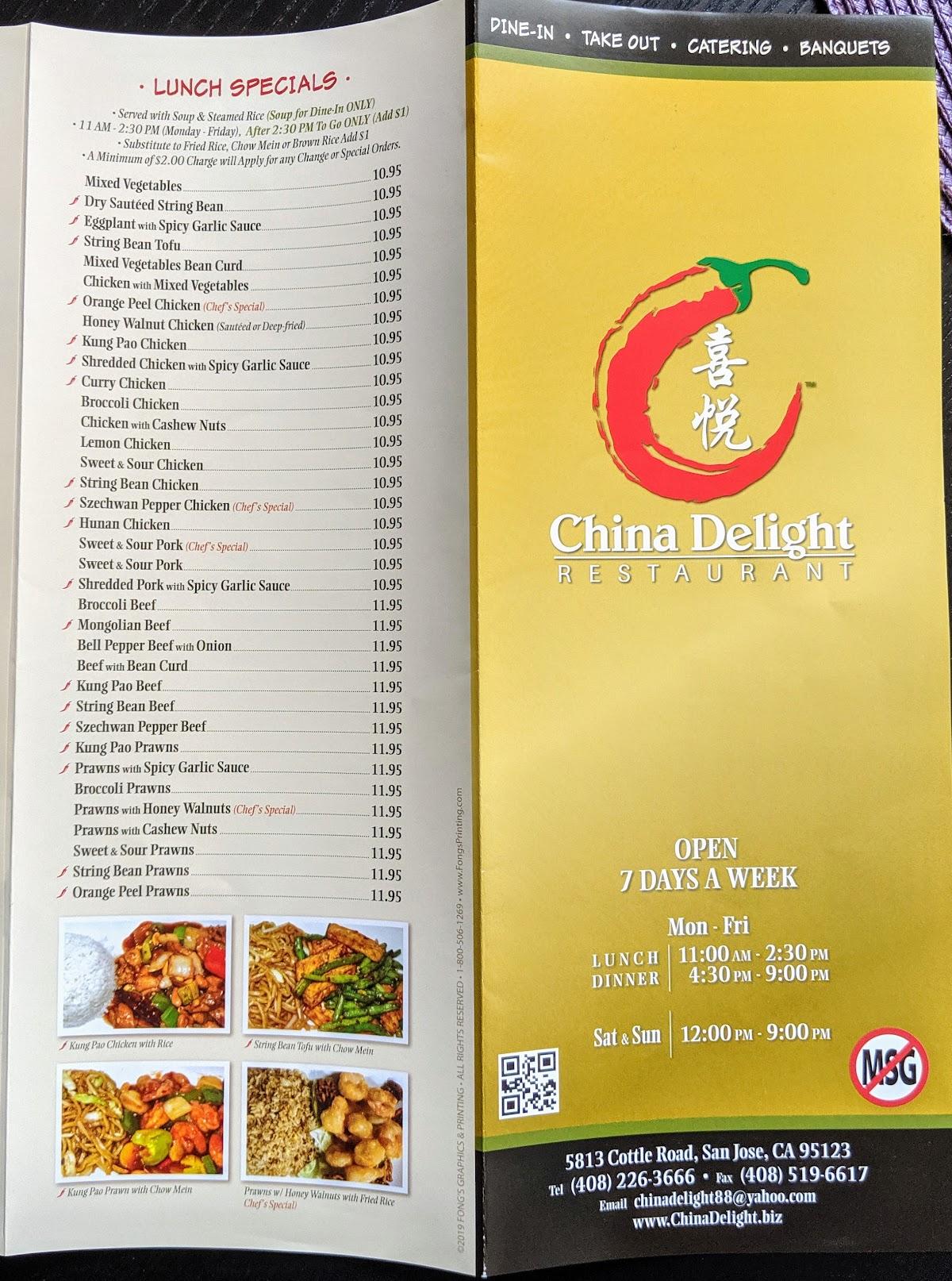 Menu at China Delight restaurant, San Jose, Cottle Rd
