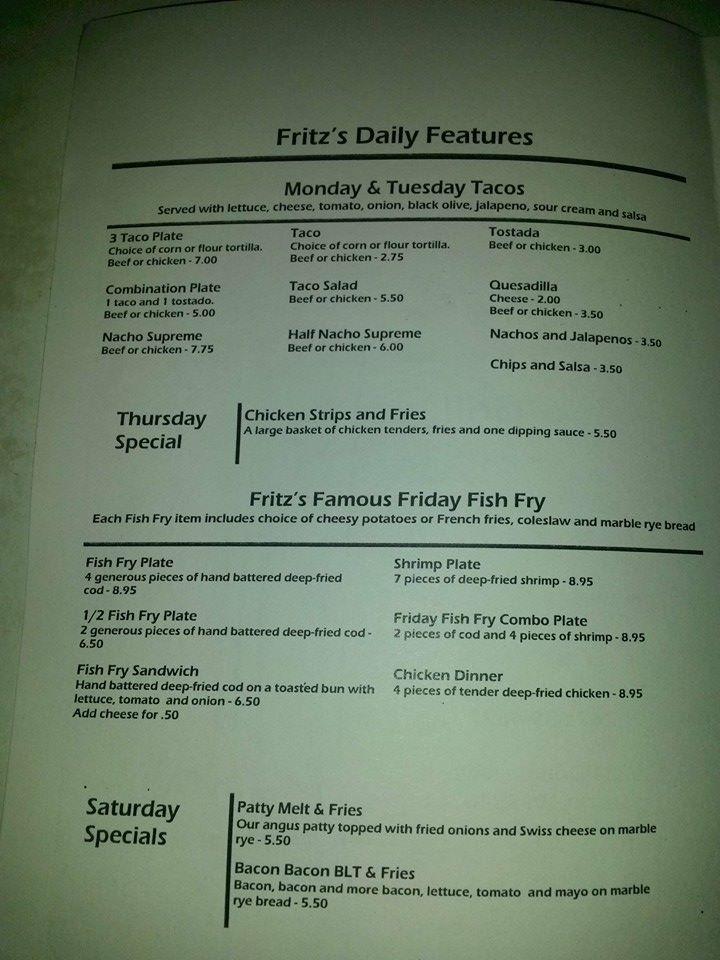 Menu at Fritz's Bar & Grill, Racine