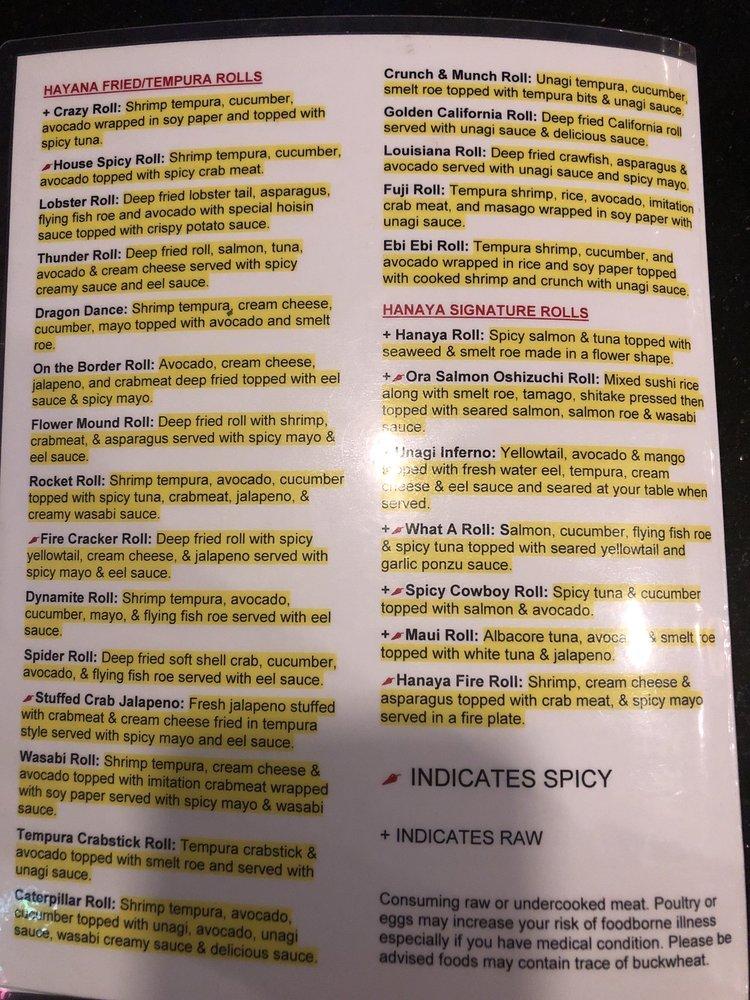 Menu at Hanaya Hibachi Sushi & Asian Fusion restaurant, Flower Mound
