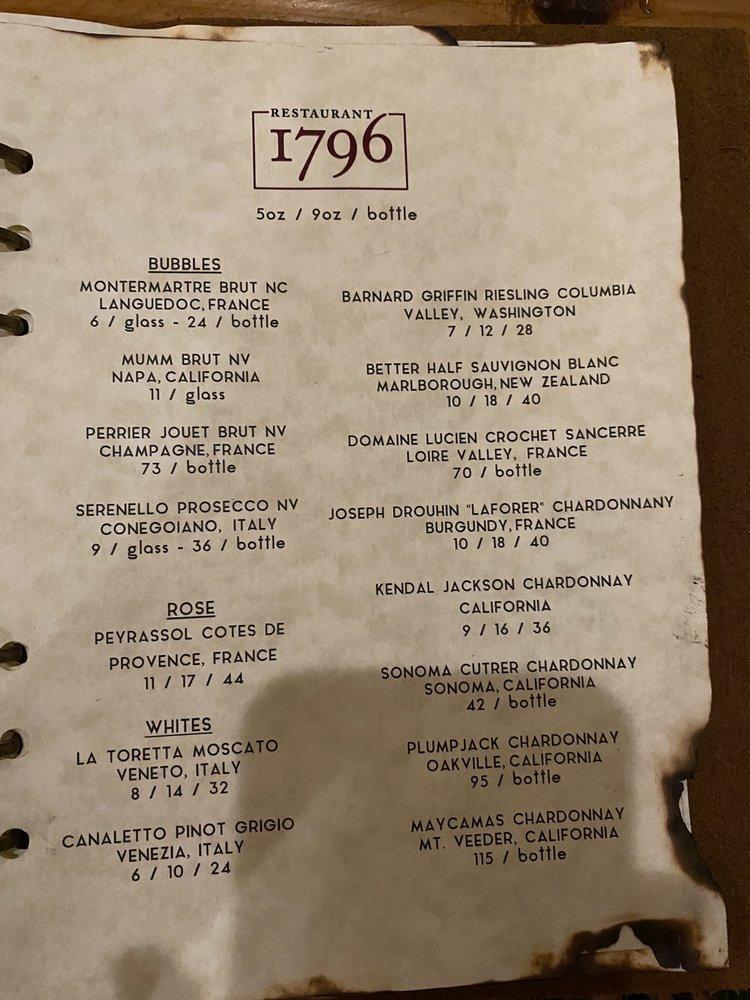 Menu at Restaurant 1796, Saint Francisville, US-61
