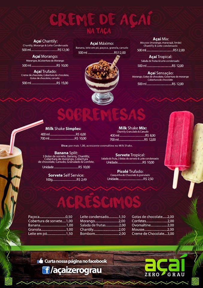 Menu em Açaí Zero Grau, Belo Horizonte, Rua Lindaura Magalhães Alkimin