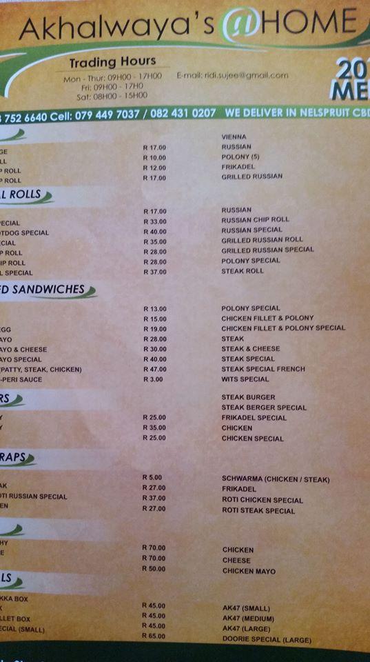Menu at Akhalwayas Foods restaurant, Nelspruit