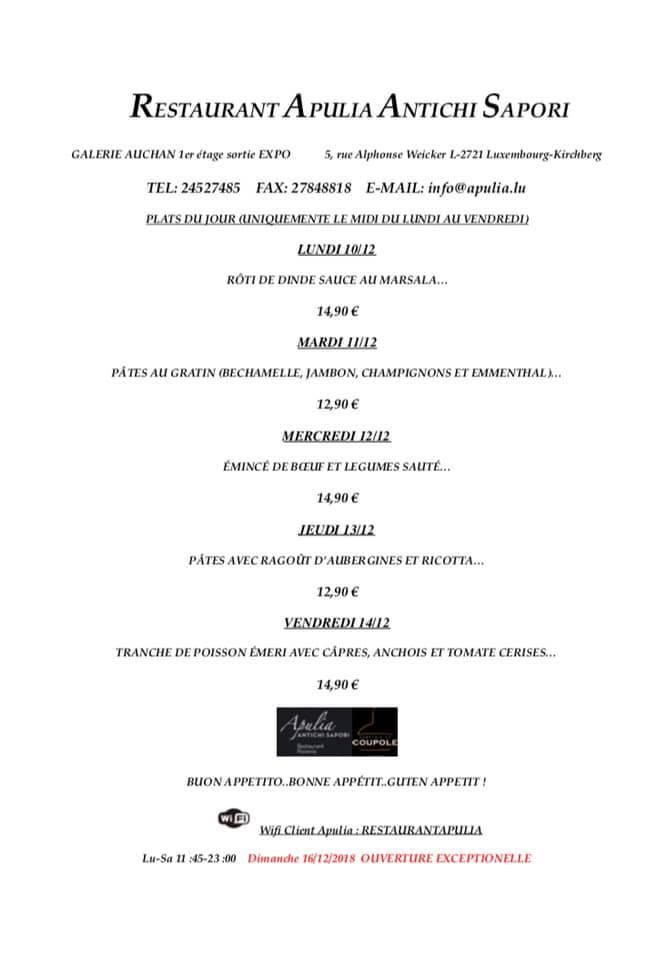 Speisekarte von Apulia Antichi Sapori restaurant, Luxemburg, 5-10 Rue ...