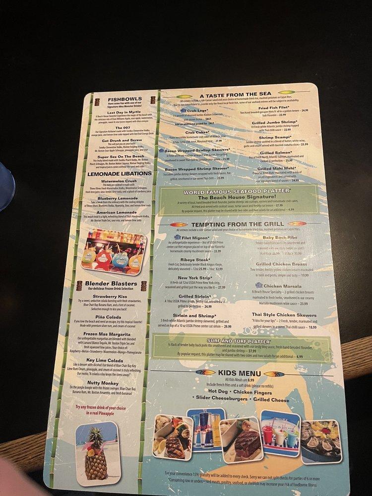 Menu at Beach House Bar & Grill, Myrtle Beach, N Ocean Blvd