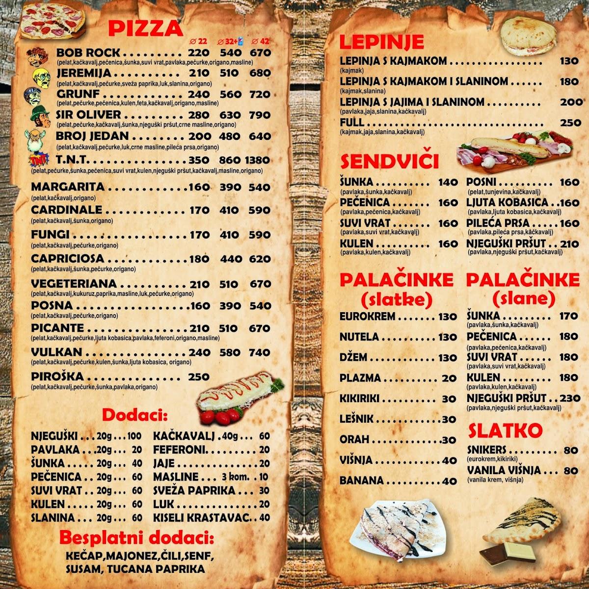 Menu at Bob Rock restaurant, Barajevo