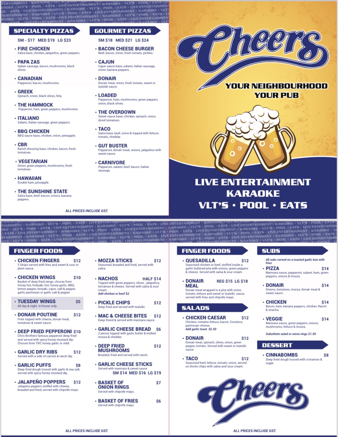 Menu at Cheers pub & bar, Red Deer, 54 Ave