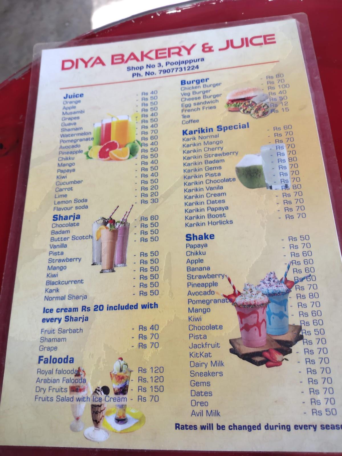 Menu at Diya Bakers and Stores, Thiruvananthapuram