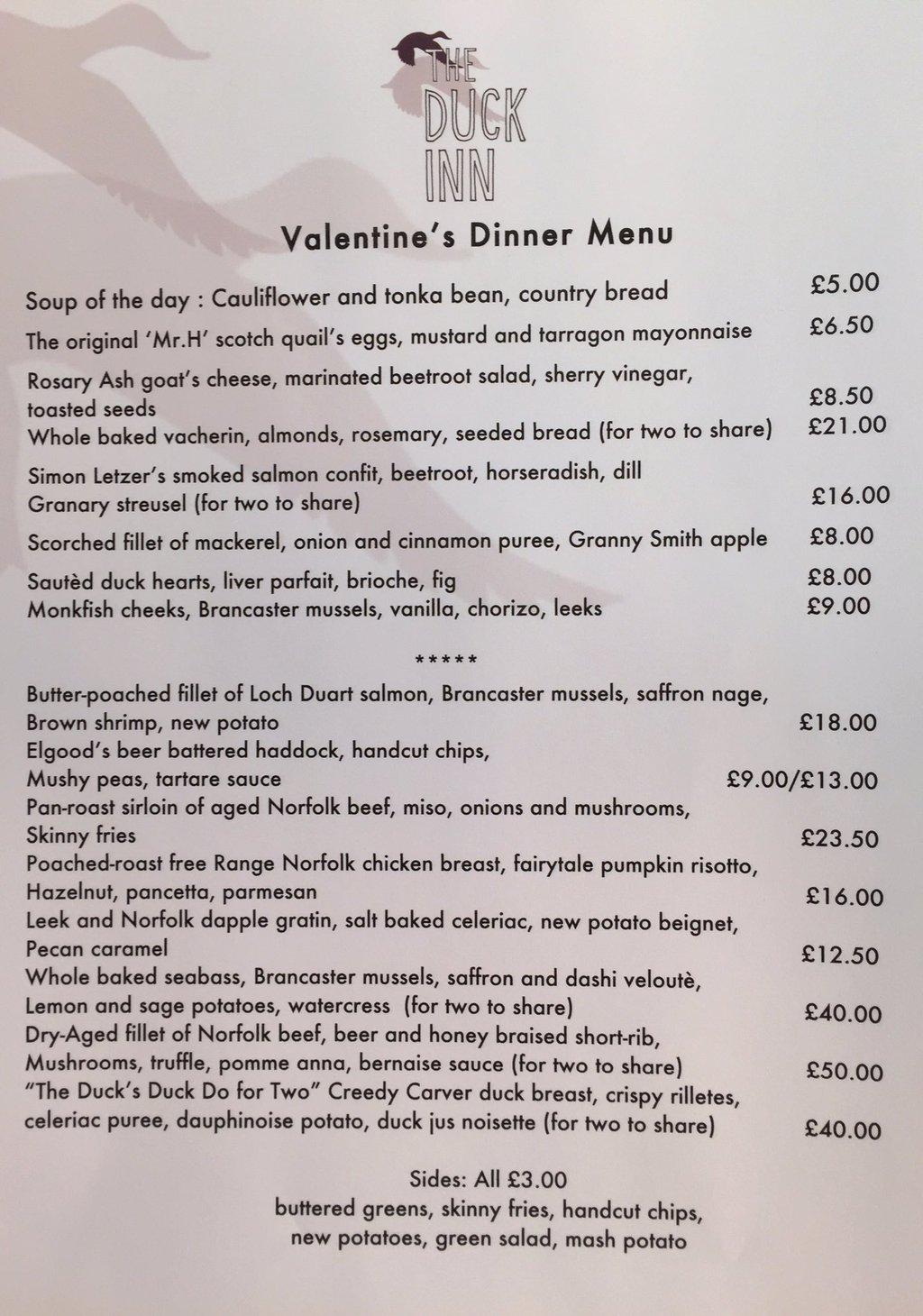 Menu at The Duck, Stanhoe restaurant, Stanhoe, Burnham Rd