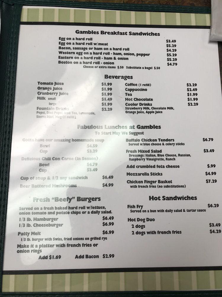 Menu at Gambles cafe, Queensbury