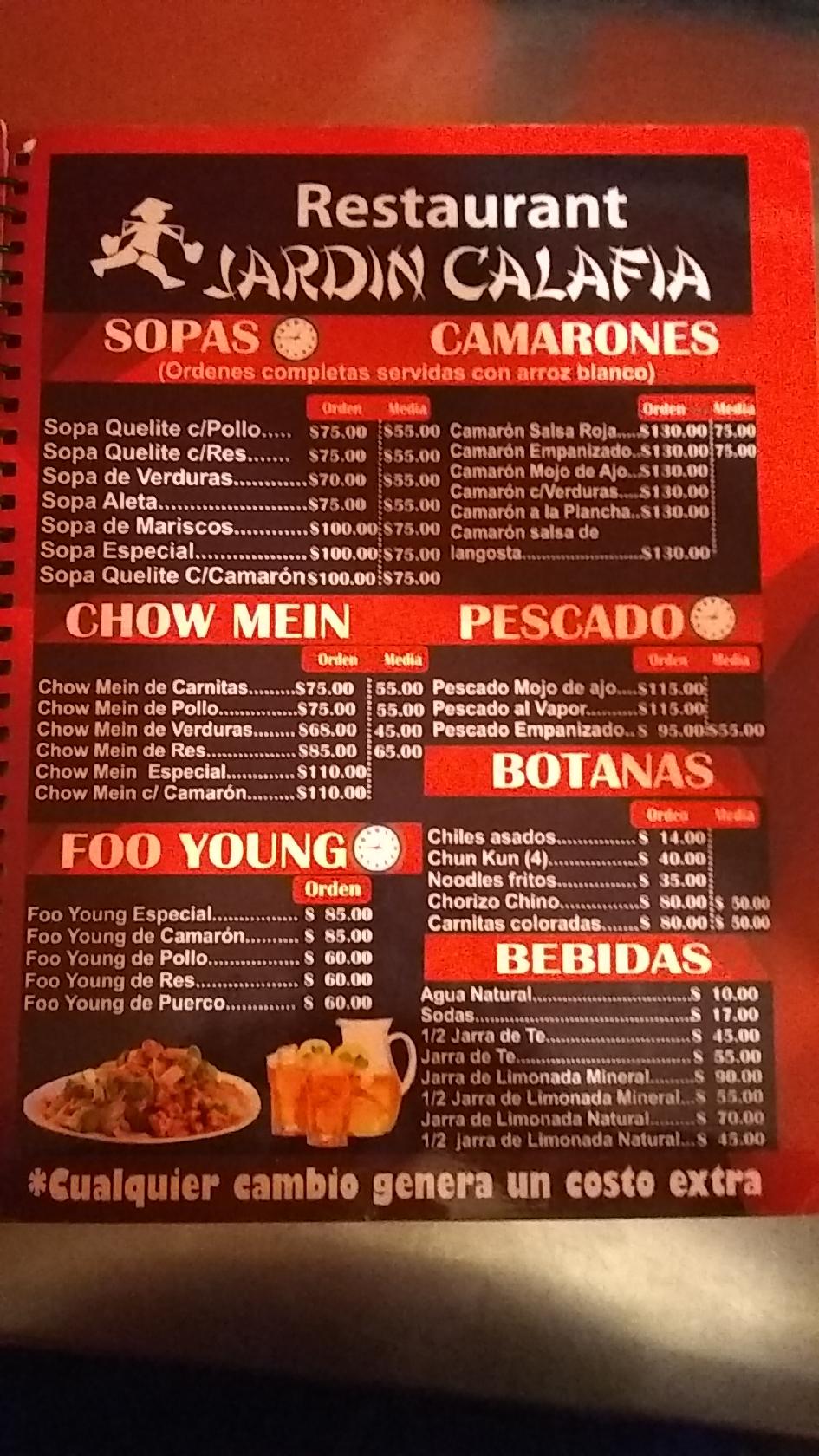 Carta de Jardin Calafia Restaurant Comida China, Mexicali