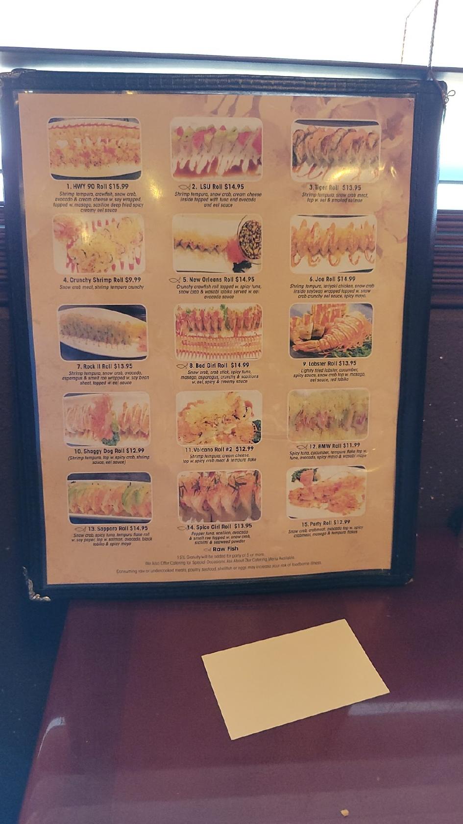Menu at Kyoto Japanese Cuisine restaurant, DeRidder