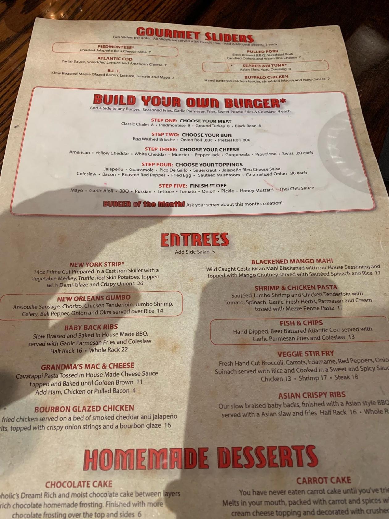 Menu at Mt Chalet II pub & bar, Royal Oak