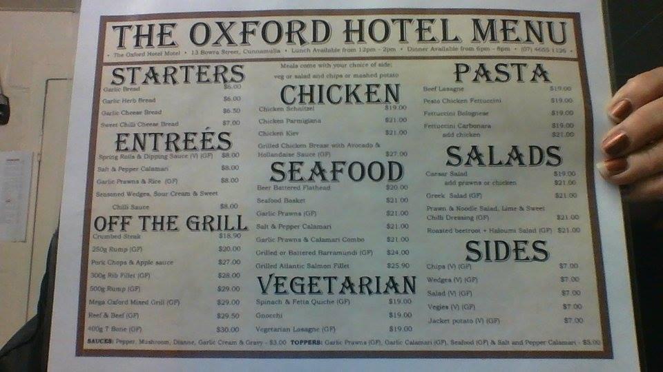 Menu at Oxford Hotel Motel pub & bar, Cunnamulla