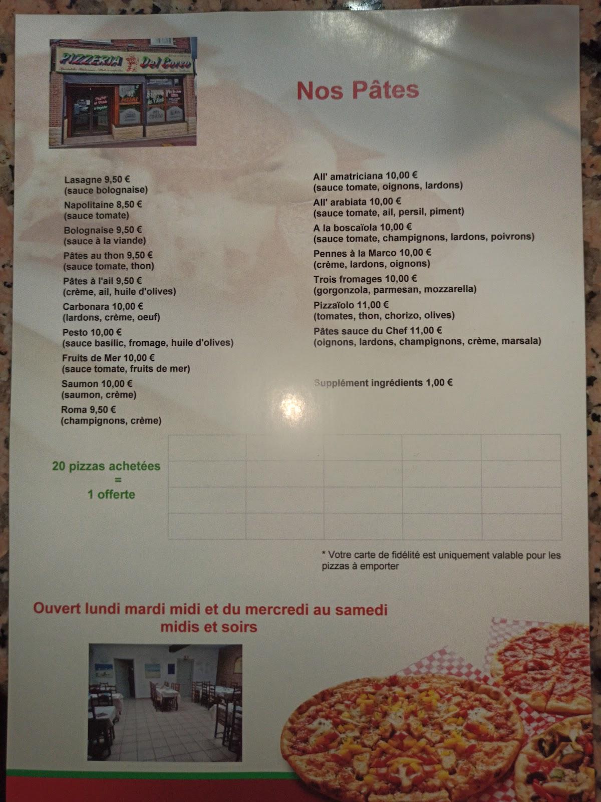 Menu au Pizzeria Del Corso, Tourcoing