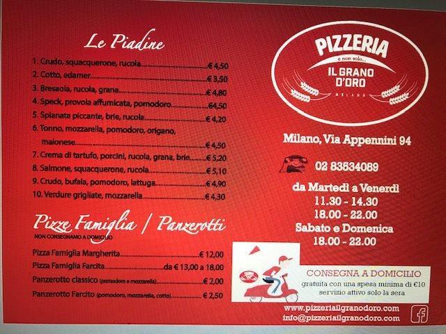Menu at Pizzeria Il Grano d'Oro, Milan