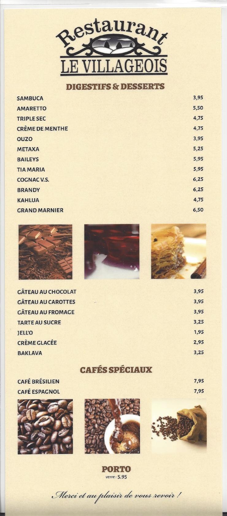 Menu au Restaurant le Villageois VAL-DAVID, Val-David