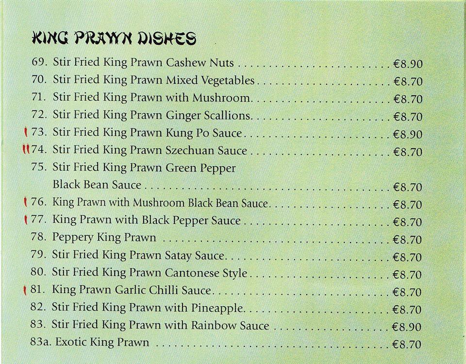 Menu at River Palace restaurant, Ireland