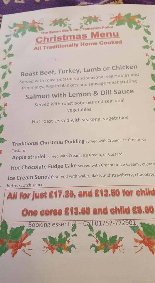 Menu at Seven Stars Inn pub & bar, Plymouth