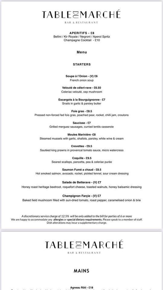 Menu at Table Du Marche restaurant, London