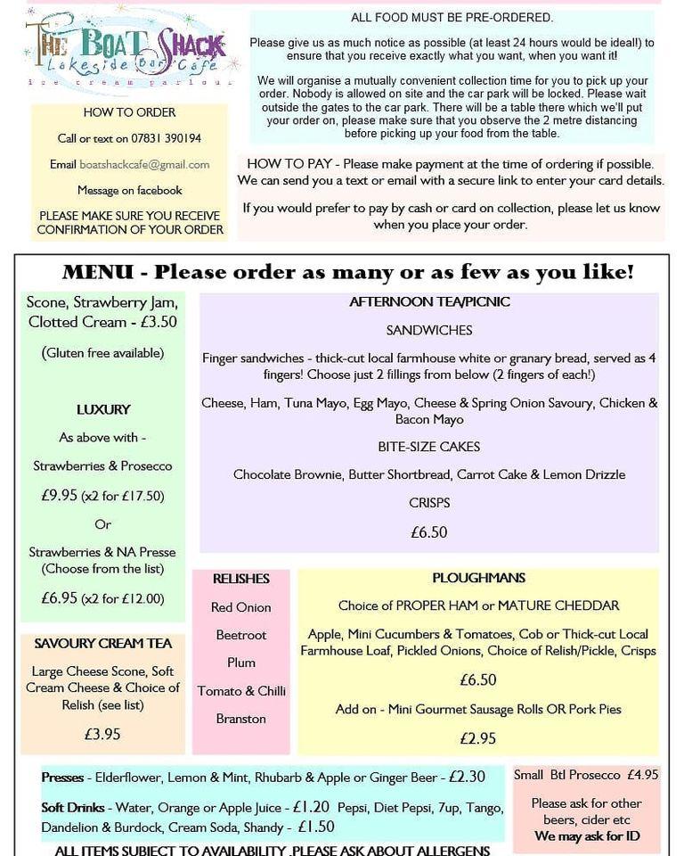 Menu at The Boat Shack cafe, Bromsgrove