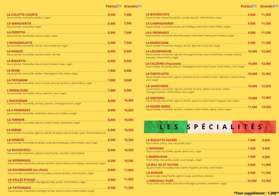 Menu at la pizzetta pizzeria, Thiberville