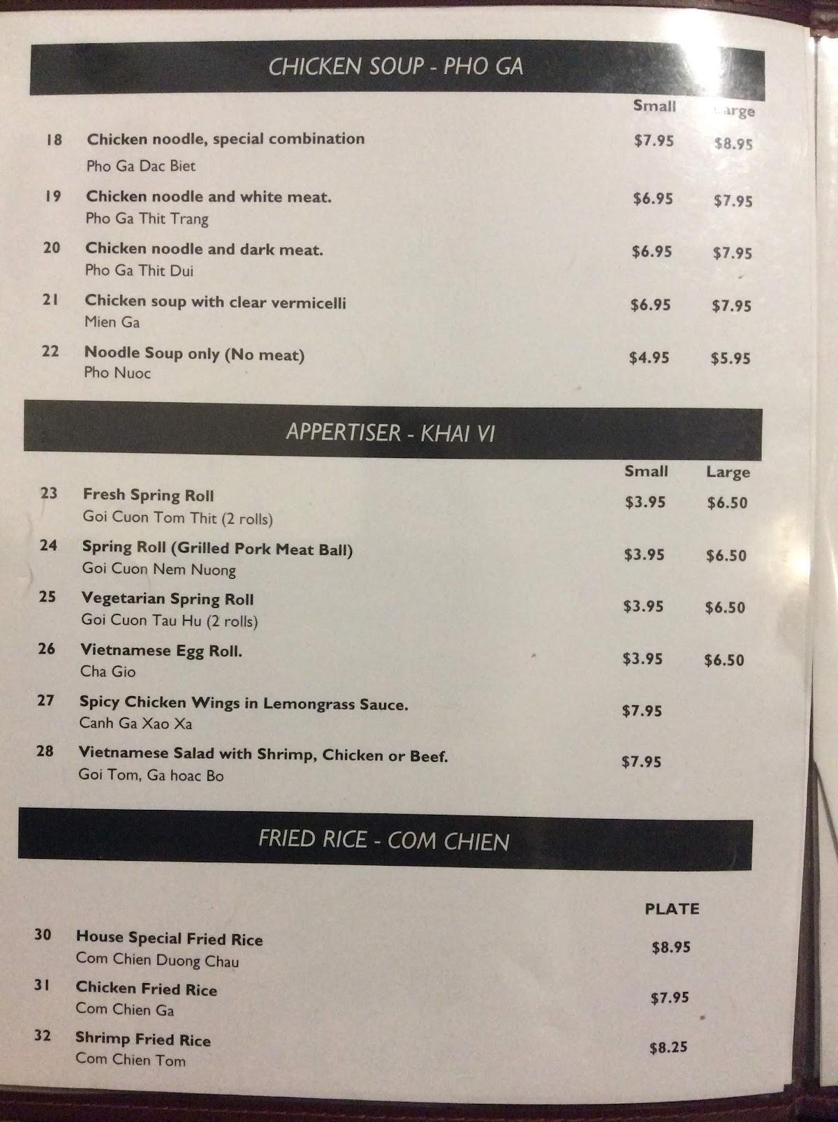 Menu at Blue Ginger Pho restaurant, Tehachapi