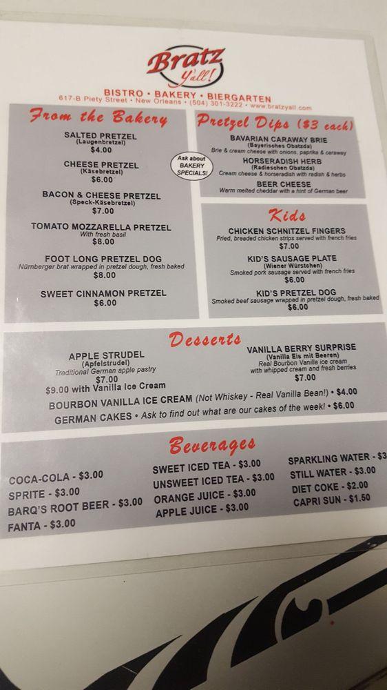 Carta de Bratz Y'all! Bistro • Bakery • Biergarten, Nueva Orleans