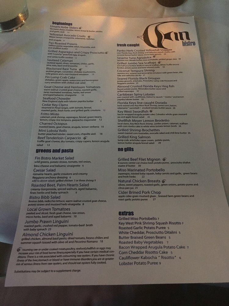 Menu at Fin Bistro restaurant, Marco Island, 657 S Collier Blvd