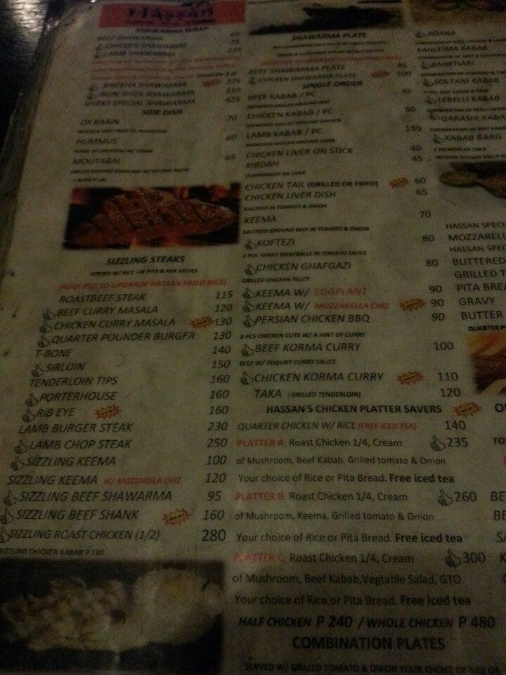 Menu at Hassan Kabab and Steaks pub & bar, Quezon City, Katipunan Ave