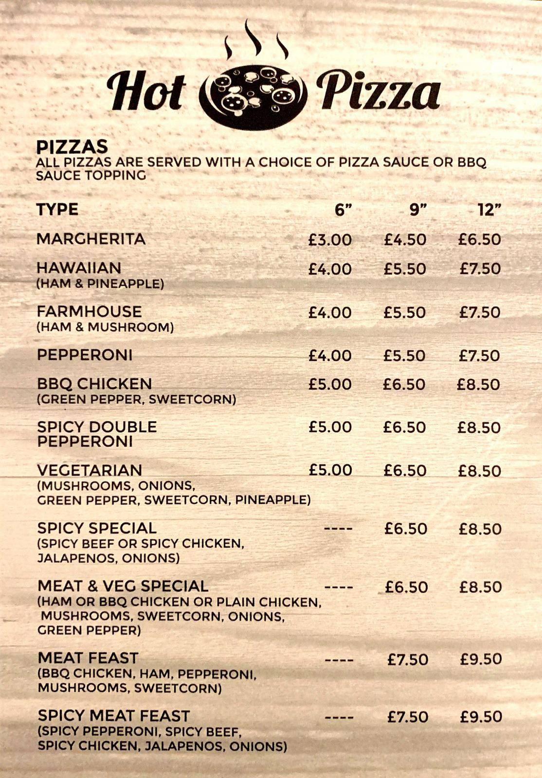 Menu at Hope Pizza House pizzeria, Hope