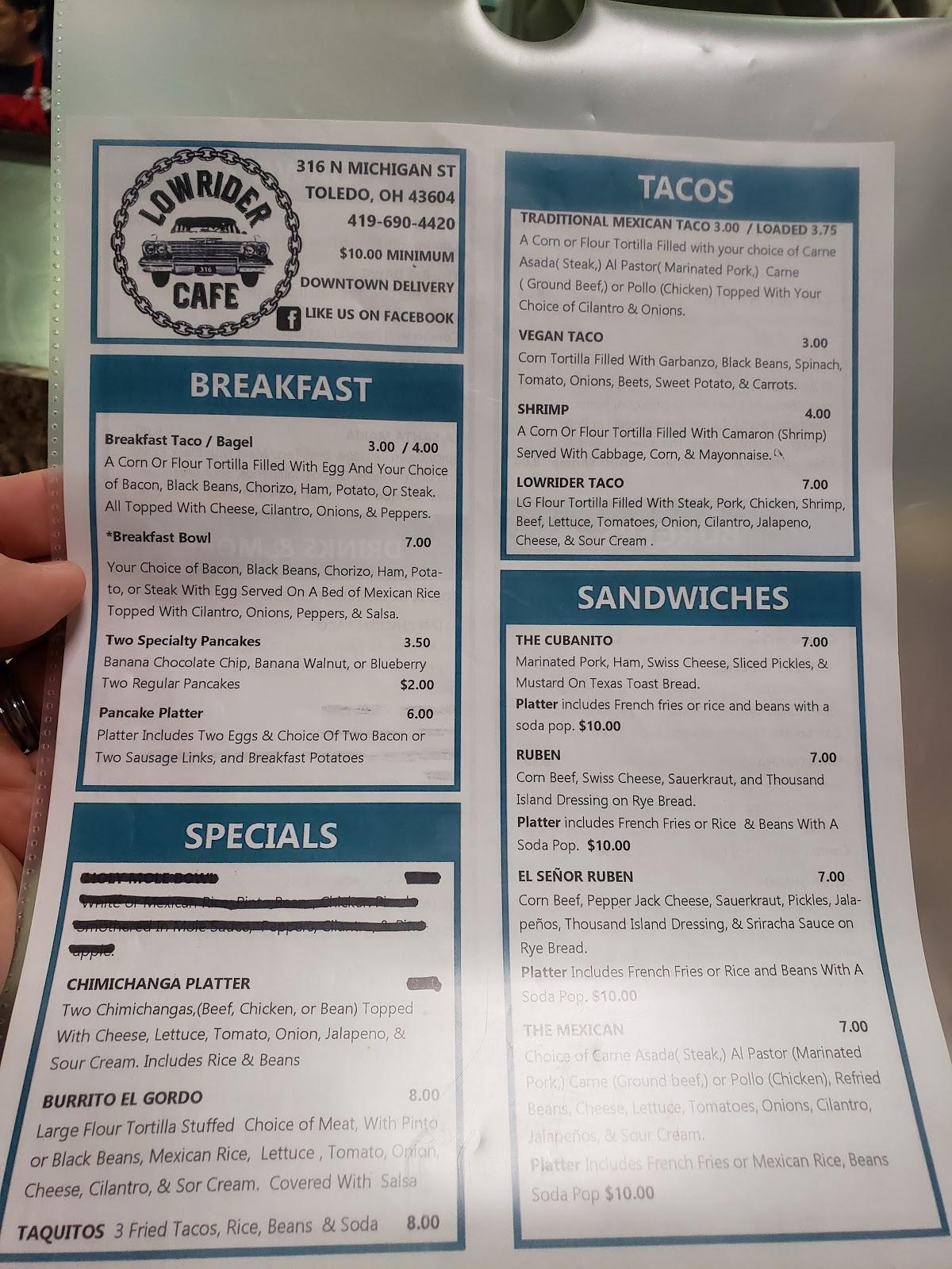 Menu at Lowrider Cafe, Toledo