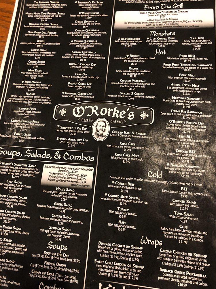 Menu at O'Rorke's Family Eatery pub & bar, Gettysburg