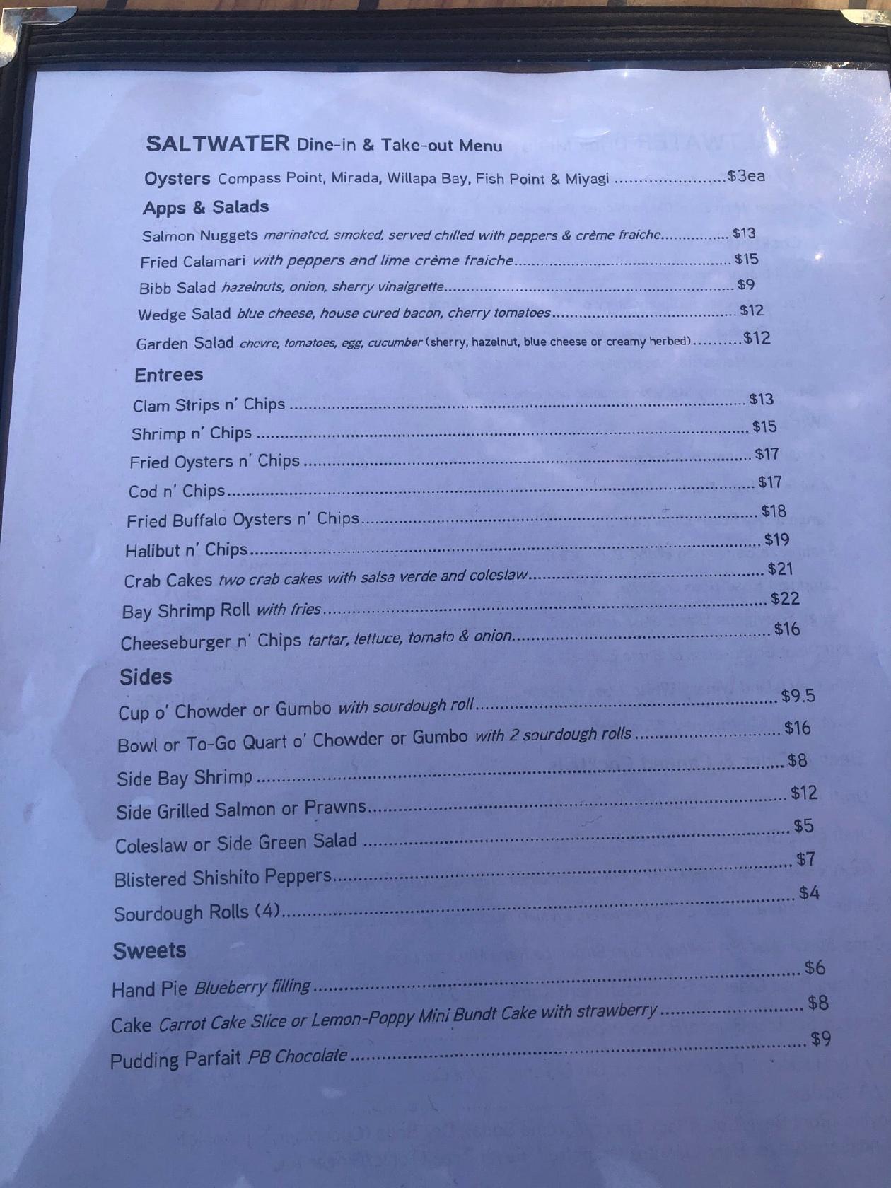 Menu at Saltwater Fish House & Oyster Bar, Langley