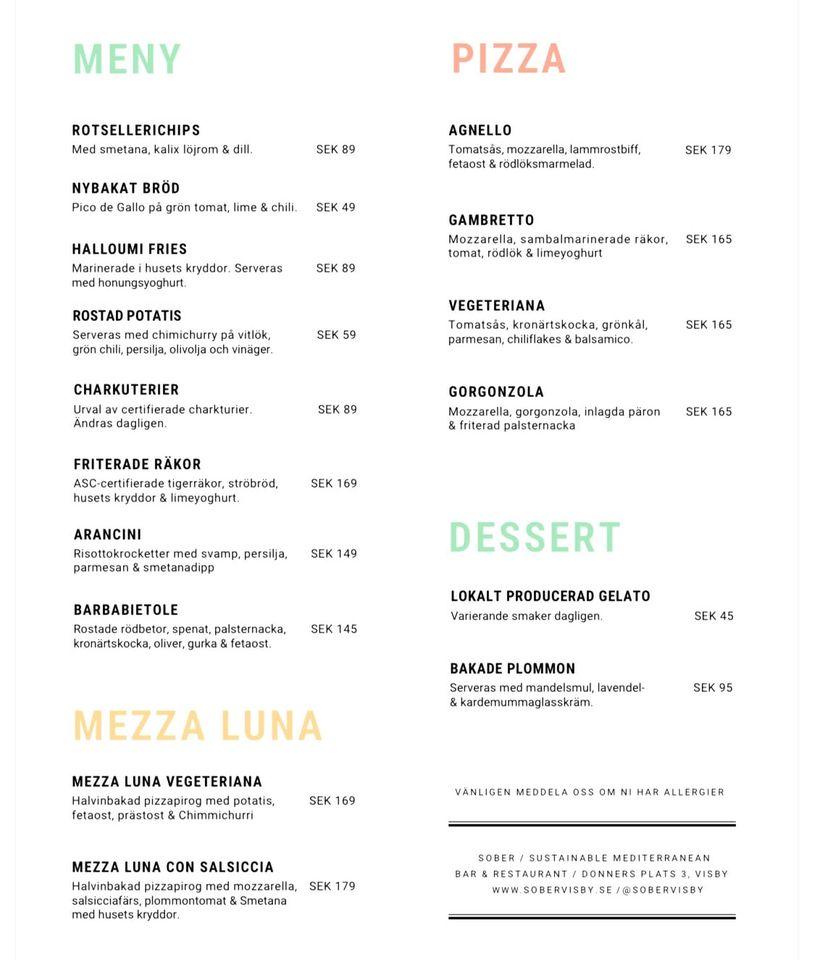 Menu at Sober restaurant, Visby