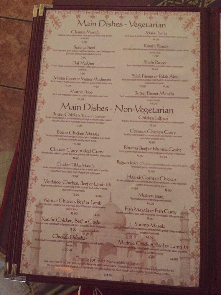 Menu at Taj Mahal restaurant, Moncton
