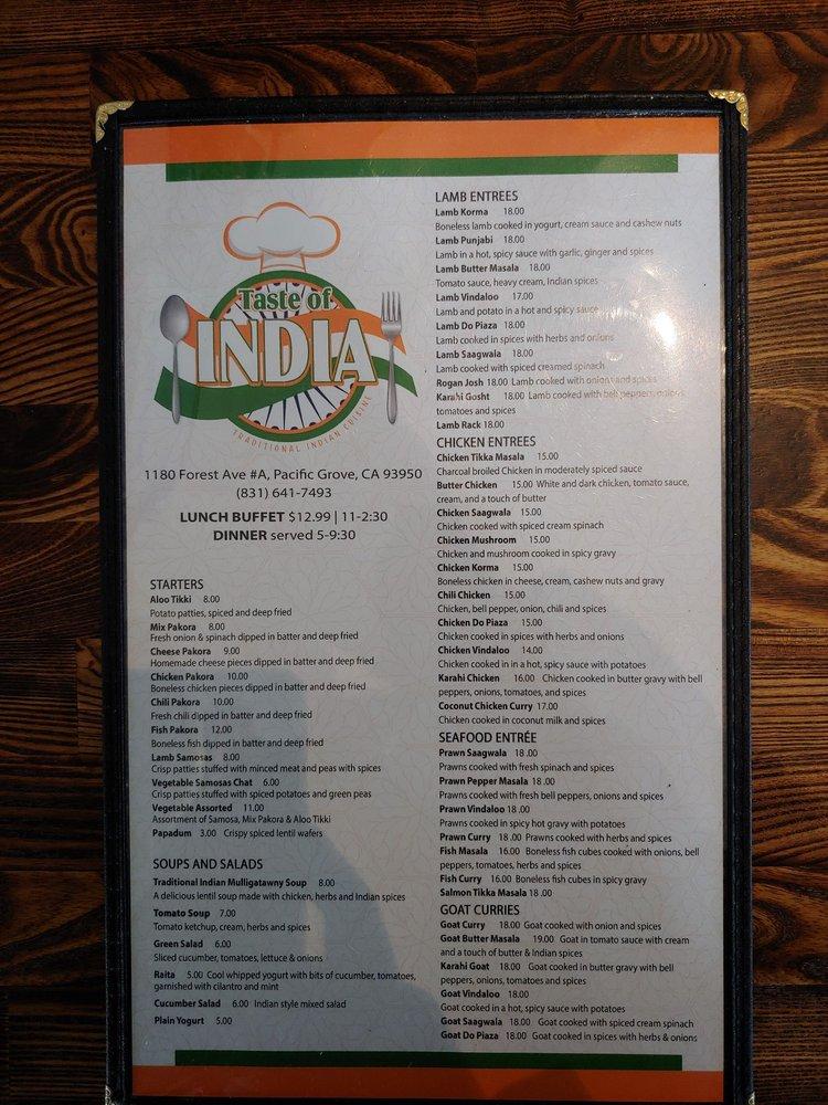 Menu at Taste of India restaurant, Pacific Grove