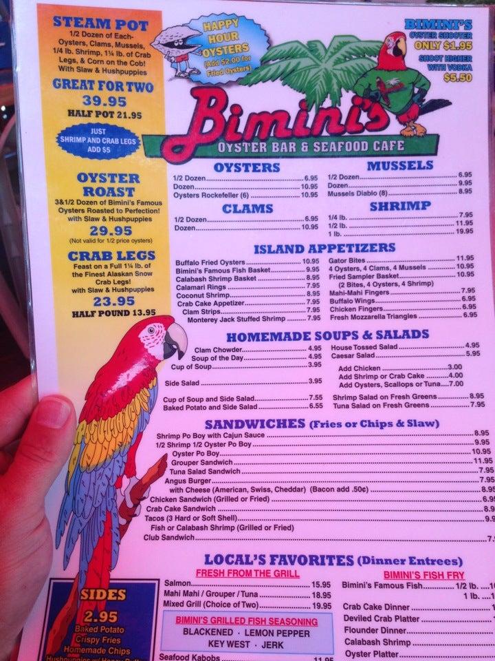Menu at Bimini's Oyster Bar and Seafood Cafe, Greenville