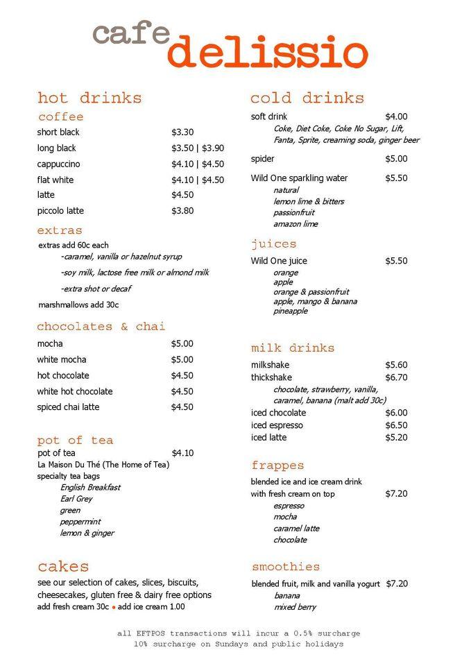 Menu at Café Delissio restaurant, Dubbo, 385 Wheelers Ln