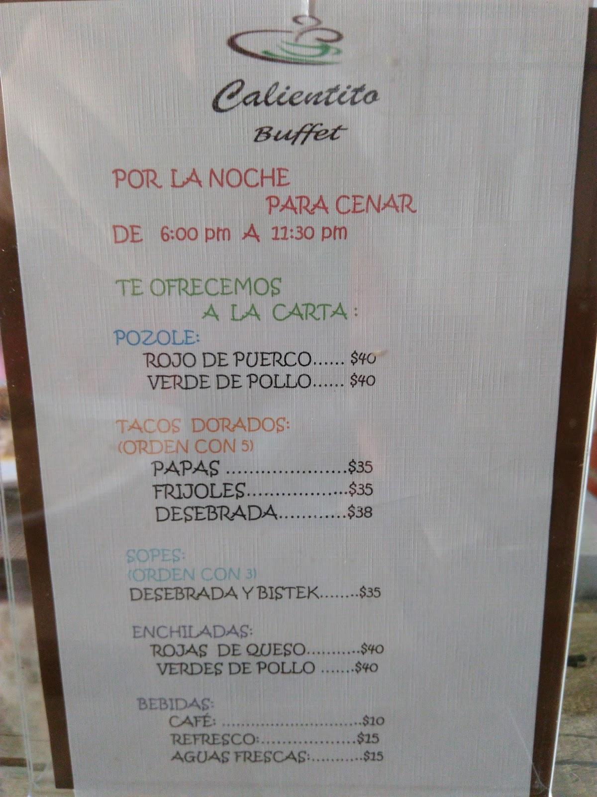 Menu at Calientito Buffet restaurant, Zacatecas