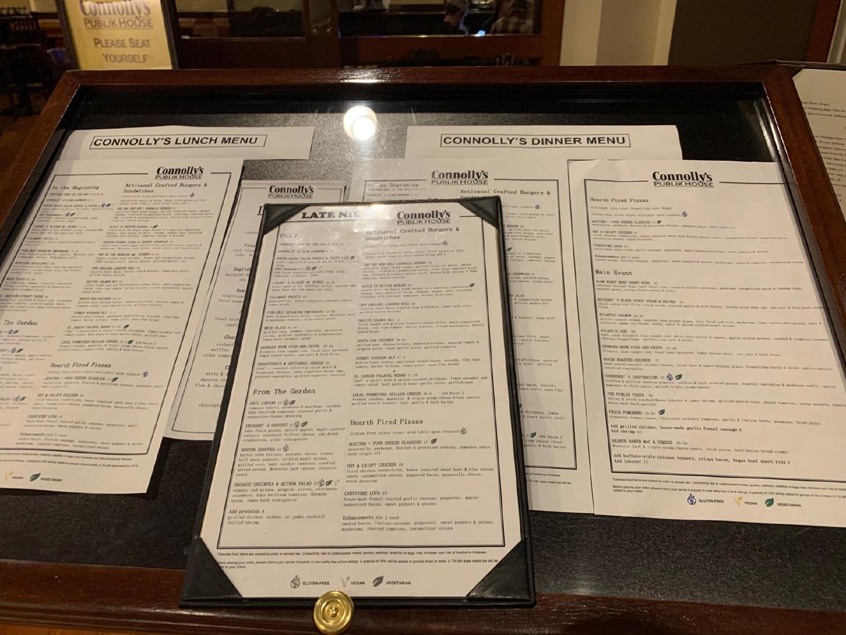 Menu at Connolly's Publik House, Boston, 1 Hotel Dr