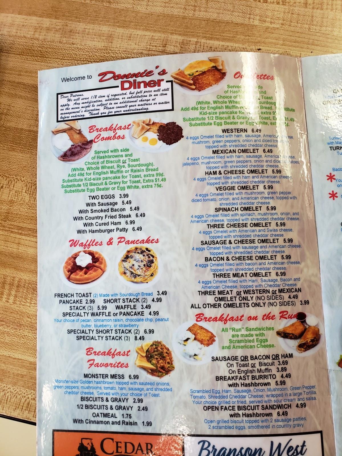 Menu at Donnie's Diner cafe, Branson West
