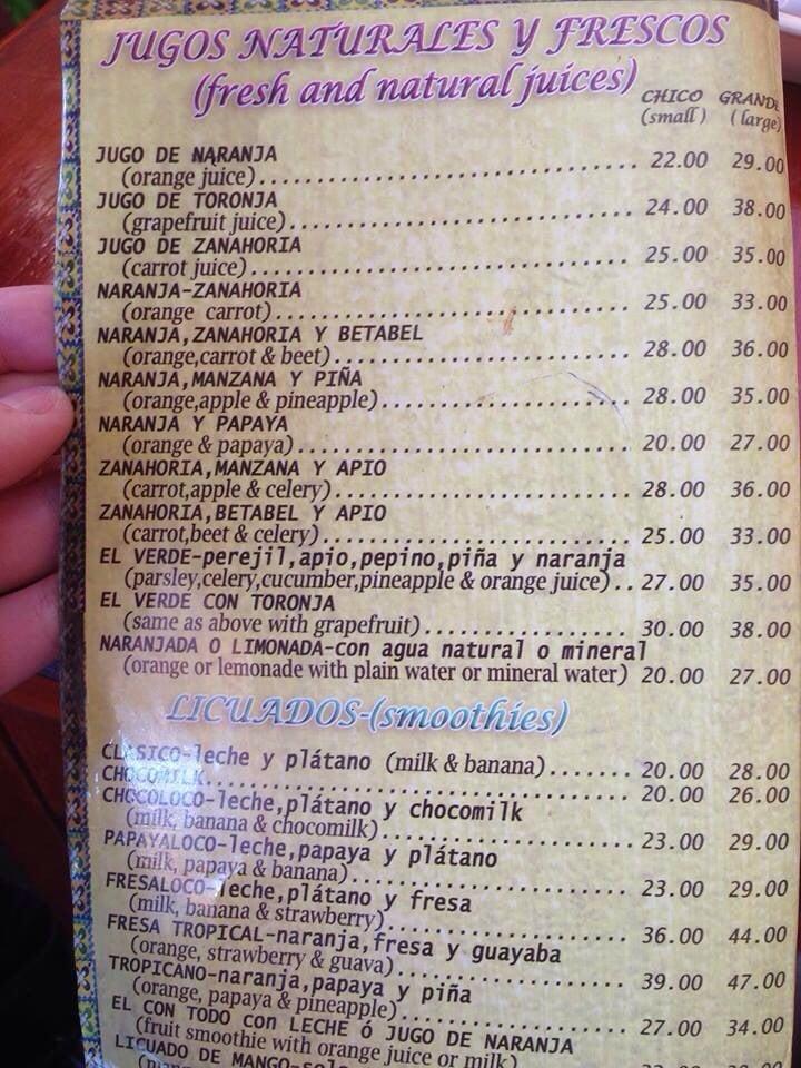 Menu at El Cafecito, Puerto Escondido, Boulevard Benito Juárez 1